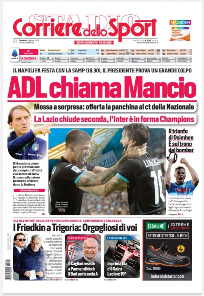 Prima Pagina Corriere Dello Sport “napoli Adl Chiama Mancio