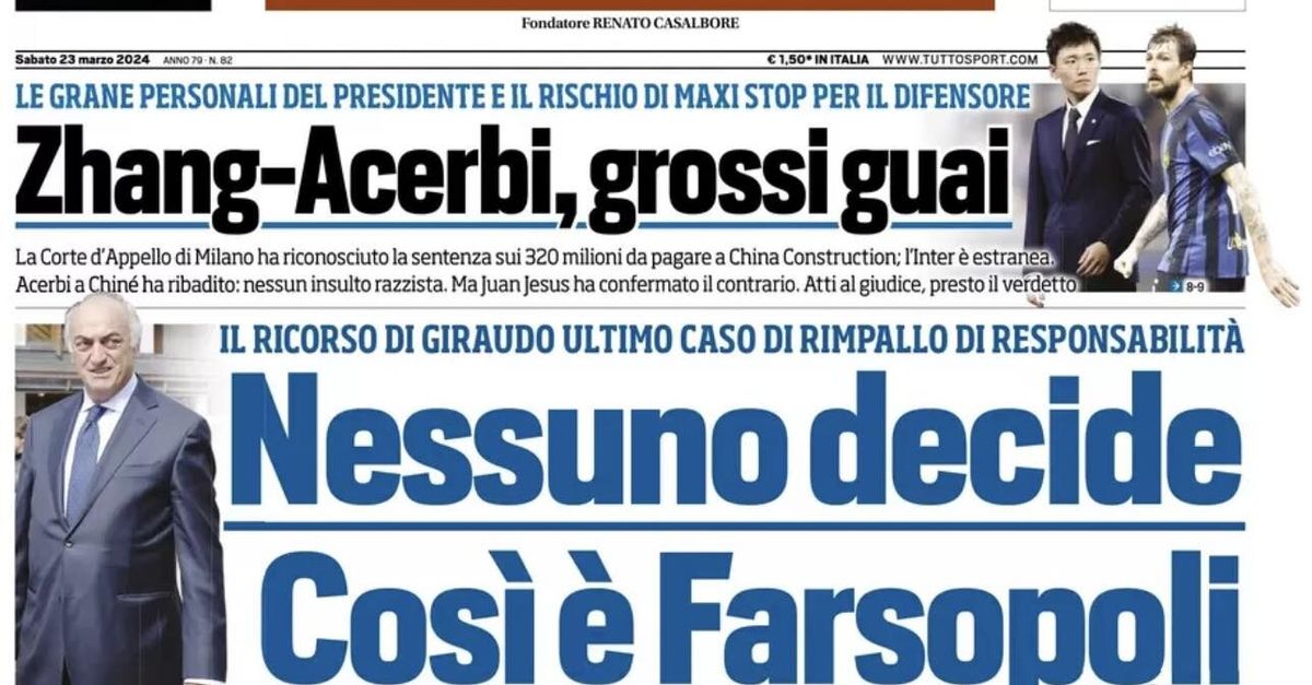PRIMA PAGINA TUTTOSPORT OGGI: "Zhang-Acerbi, grossi guai" - Calcio ...
