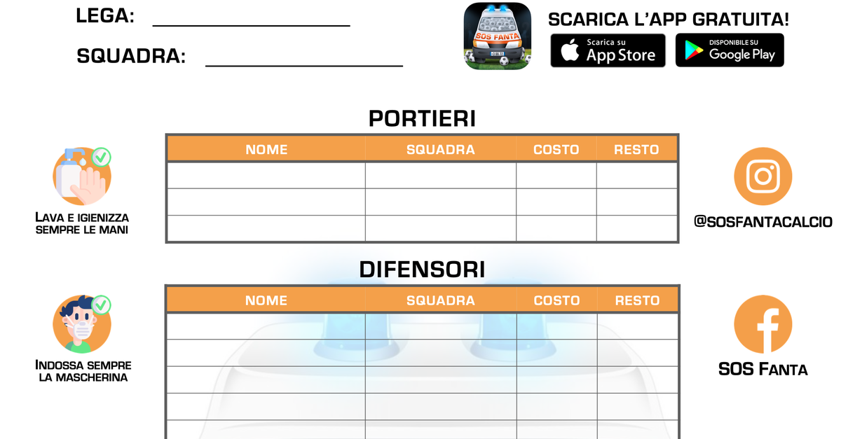 La tabella di SOS Fanta per la vostra asta del fantacalcio: scaricala ...