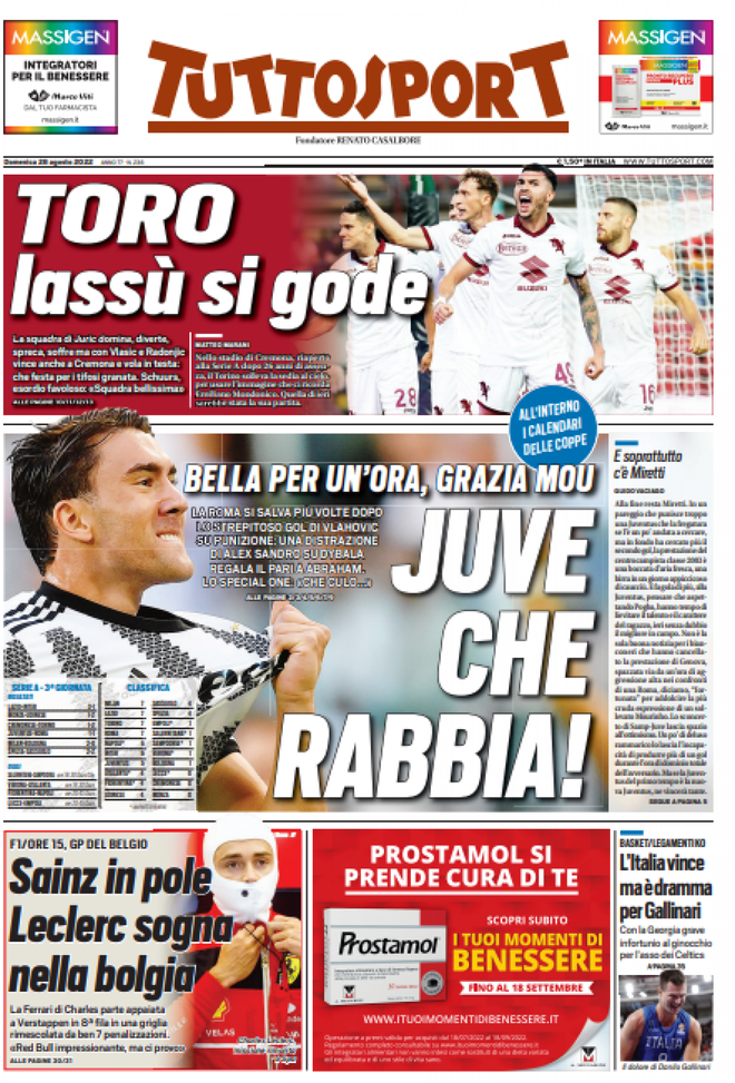Prima Pagina Tuttosport “juve Che Rabbia Toro Lassù Si Gode